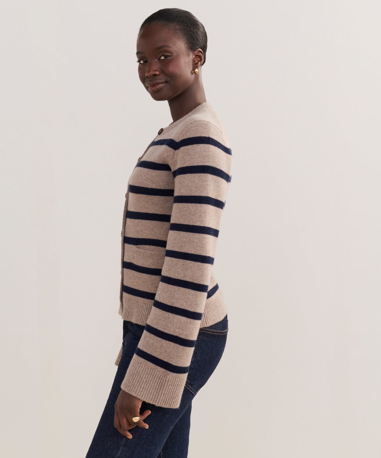 Women's Cooper Cardigan Taupe/Navy Stripe | Jenni Kayne